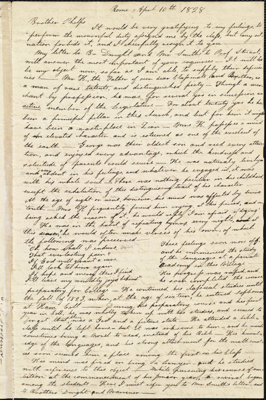 Letter from Charles Payson Grosvenor, Rome [(New York)], to Amos Augustus Phelps, April 10th ...