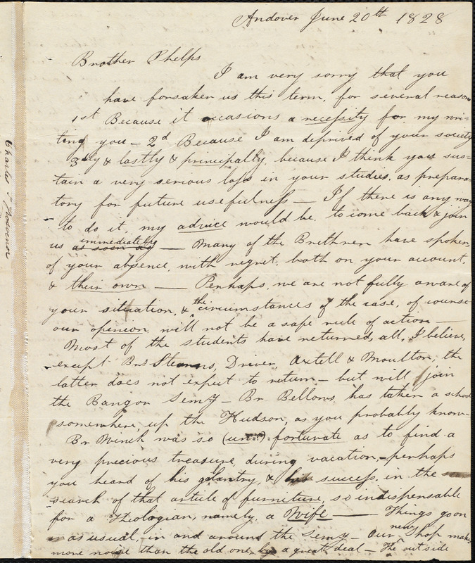Letter from Charles Payson Grosvenor, Andover, to Amos Augustus Phelps, June 20th 1828 - Digital ...