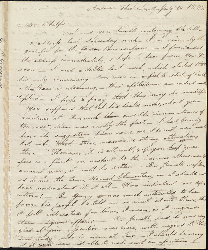 Letter from Charles Payson Grosvenor, Andover, to Amos Augustus Phelps, July 14 1828 - Digital ...