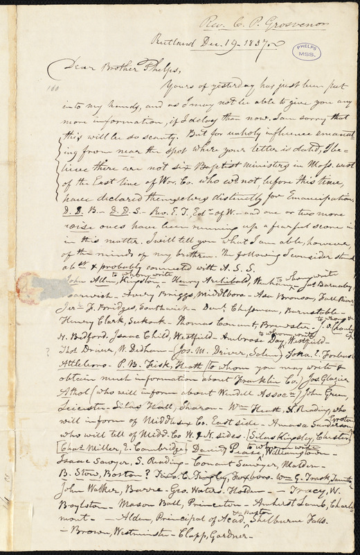 Letter from Charles Payson Grosvenor, Rutland, to Amos Augustus Phelps, Dec. 19. 1837 - Digital ...