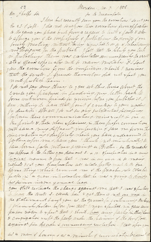 Letter from Arthur Granger, Meriden, to Amos Augustus Phelps, Nov. 7. 1836 - Digital Commonwealth