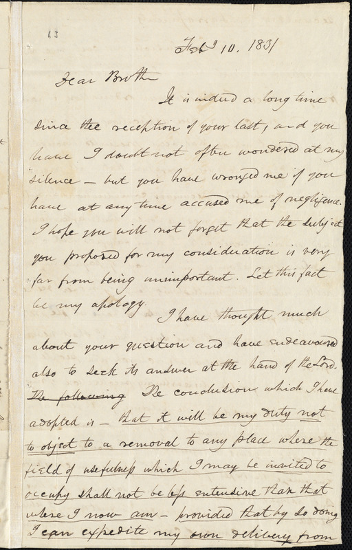 Letter from Asa Theodore Hopkins, [Pawtucket], to Amos Augustus Phelps, Feby 10. 1831 - Digital ...