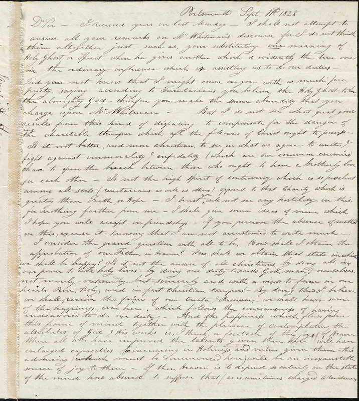 Letter from James H. Haven, Portmouth, to Amos Augustus Phelps, Sept 11th 1828 - Digital ...