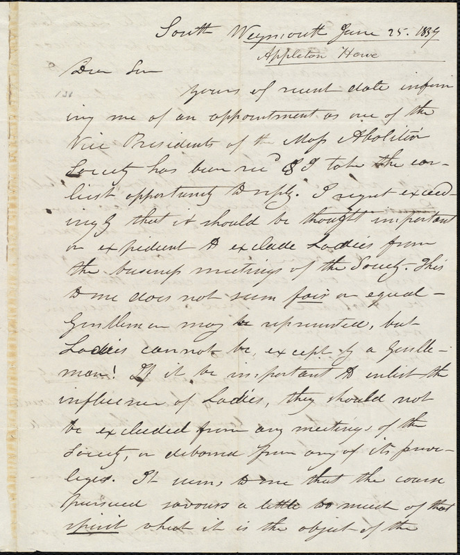 Letter from Appleton Howe, South Weymouth, to Amos Augustus Phelps ...