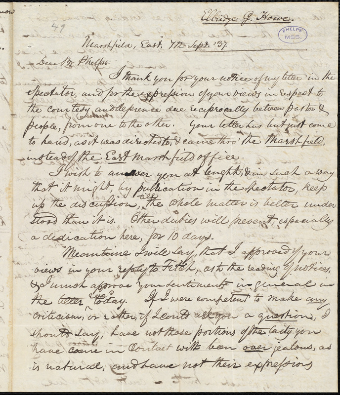 Letter from Elbridge Gerry Howe, Marshfield, to Amos Augustus Phelps, 7th Sept. '37 - Digital ...