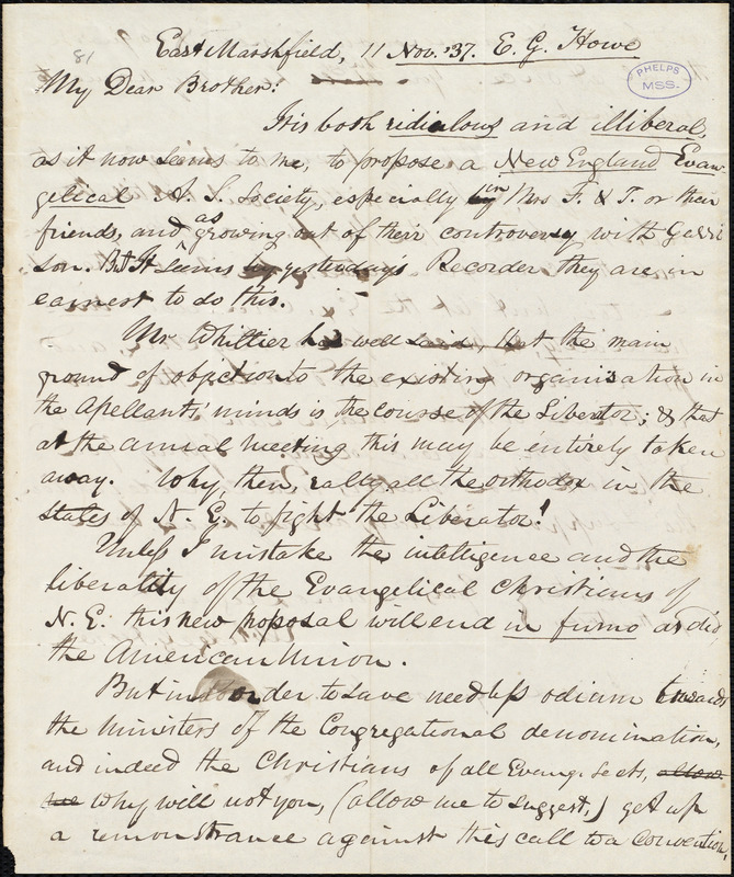 Letter from Elbridge Gerry Howe, East Marshfield, to Amos Augustus ...