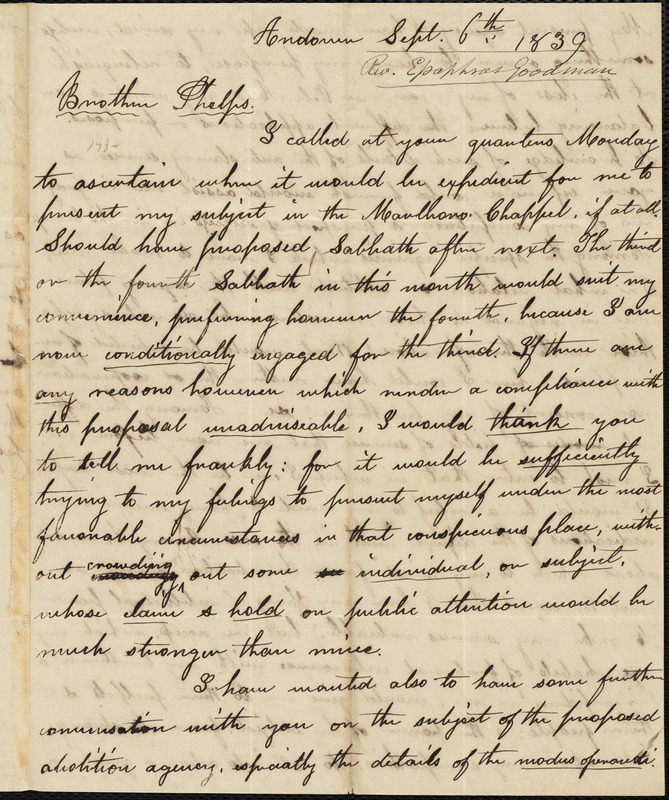 Letter from Epaphras Goodman, Andover, to Amos Augustus Phelps, Sept. 6th 1839 - Digital ...