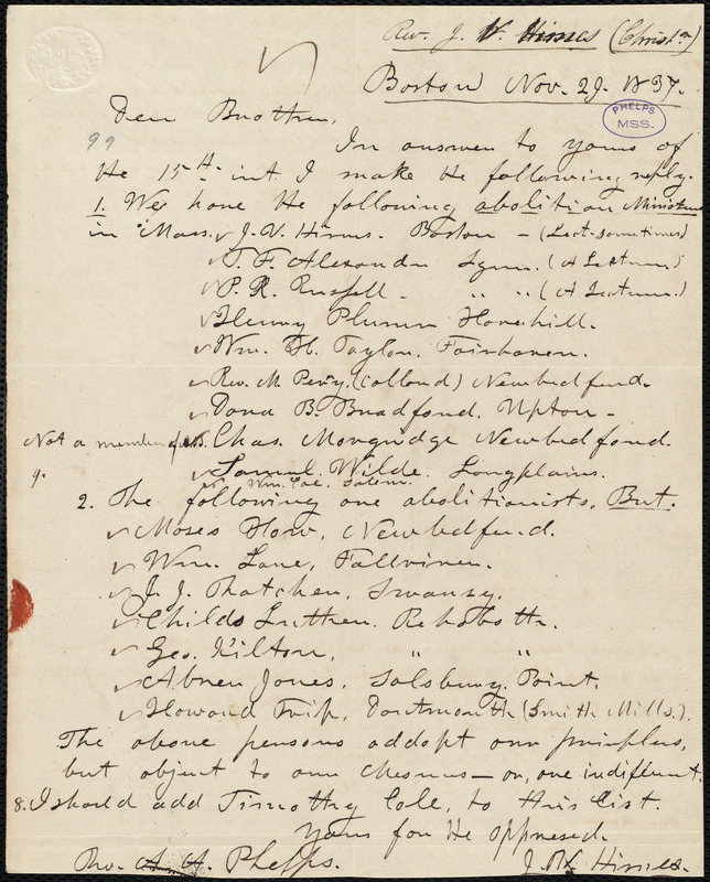 Letter from Joshua Vaughan Himes, Boston, to Amos Augustus Phelps, Nov. 29. 1837 - Digital ...