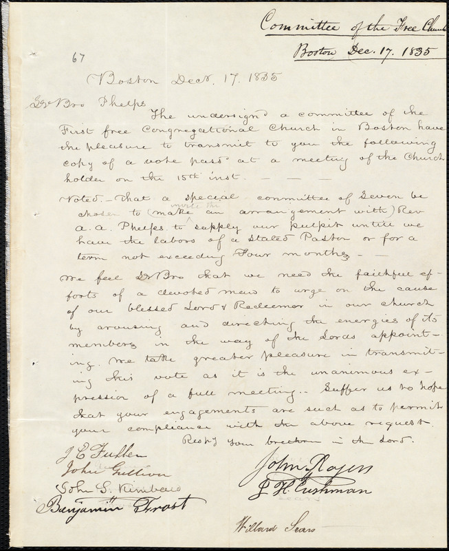 Letter from First Free Congregational Church (Boston, Mass.), Boston, to Amos Augustus Phelps ...