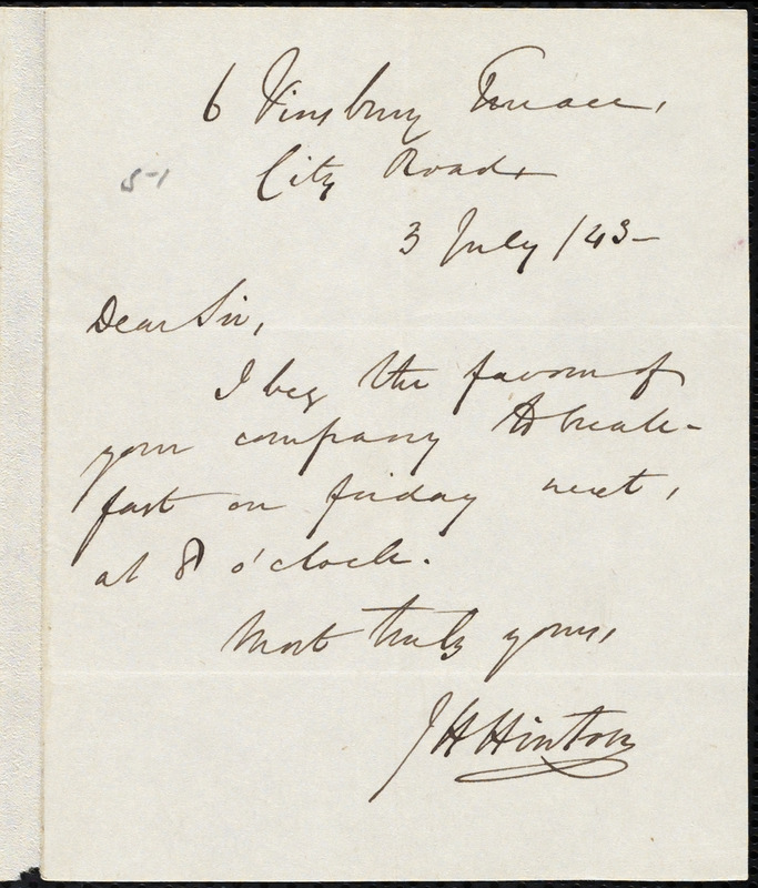 Letter from John Howard Hinton, [London], to Amos Augustus Phelps, 3 ...