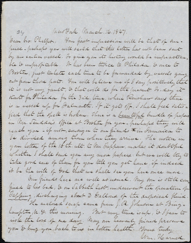 Letter from William Harned, New York, to Amos Augustus Phelps, March. 16. 1847 - Digital ...