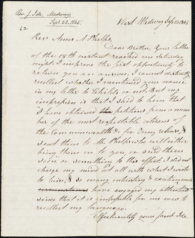 Letter from Jacob Ide, West Medway, to Amos Augustus Phelps, Sept 22. 1845 - Digital Commonwealth