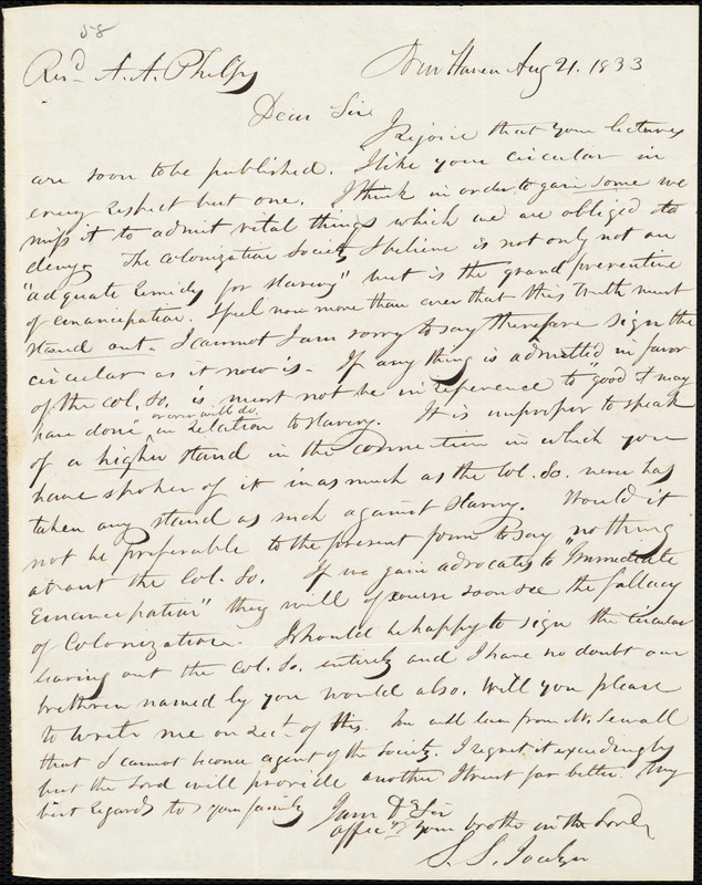 Letter from Simeon Smith Jocelyn, New Haven, to Amos Augustus Phelps, Aug 21. 1833 - Digital ...