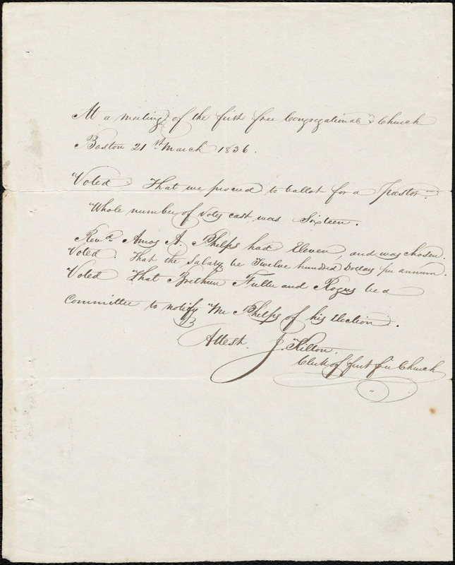 Letter from First Free Congregational Church (Boston, Mass.), [Boston], to Amos Augustus Phelps ...