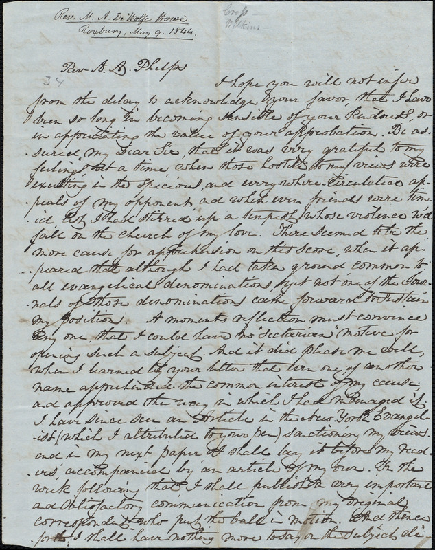 Letter from Mark Antony De Wolfe Howe, Roxbury, to Amos Augustus Phelps, May 9th. 1844 - Digital ...