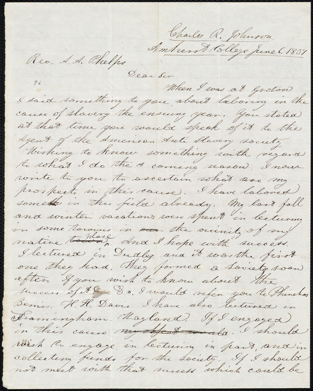 Letter from Charles Patten Johnson, Amherst, to Amos Augustus Phelps, June 6. 1839 - Digital ...