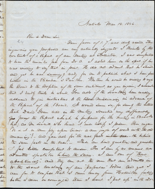 Letter from Samuel Hunt, Natick, to Amos Augustus Phelps, Mar 14. 1846 - Digital Commonwealth