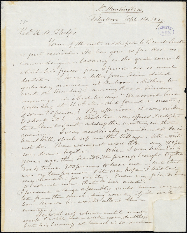 Letter from Nehemiah Huntington, Peterboro, to Amos Augustus Phelps, Sept. 14. 1837 - Digital ...