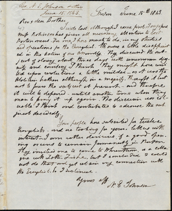 Letter from N. E. Johnson, Boston, to Amos Augustus Phelps, June 15th 1843 - Digital Commonwealth
