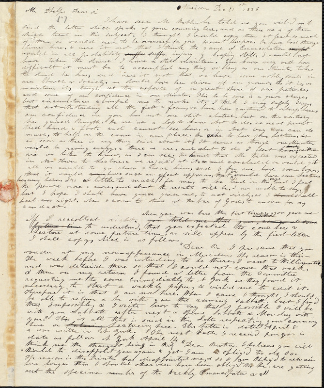 Letter from Harlow Isbell, Meriden, to Amos Augustus Phelps, Dec 21st 1836 - Digital Commonwealth