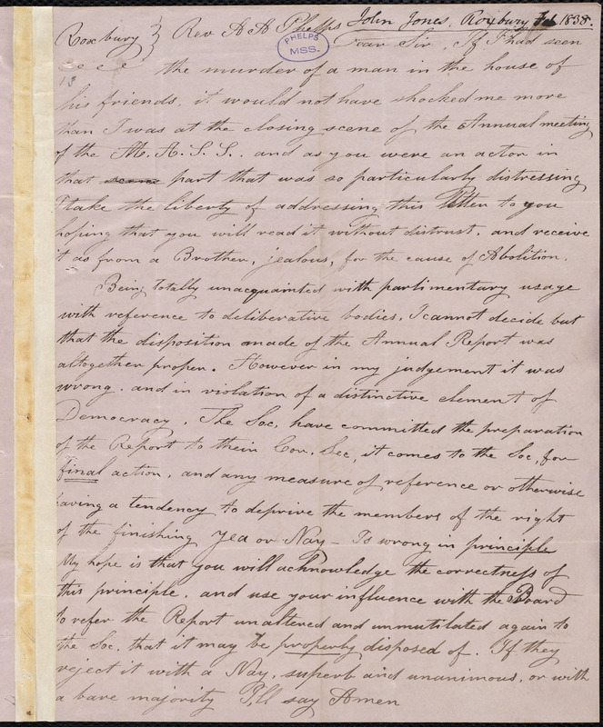 Letter from John Jones, Roxbury, to Amos Augustus Phelps, Feb 1838 - Digital Commonwealth