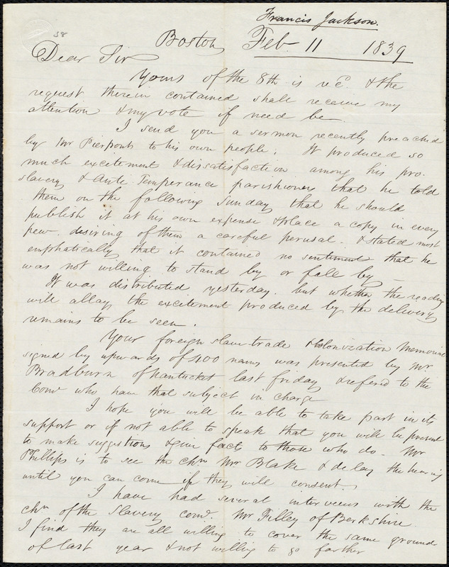 Letter from Francis Jackson, Boston, to Amos Augustus Phelps, Feb 11 1839 - Digital Commonwealth