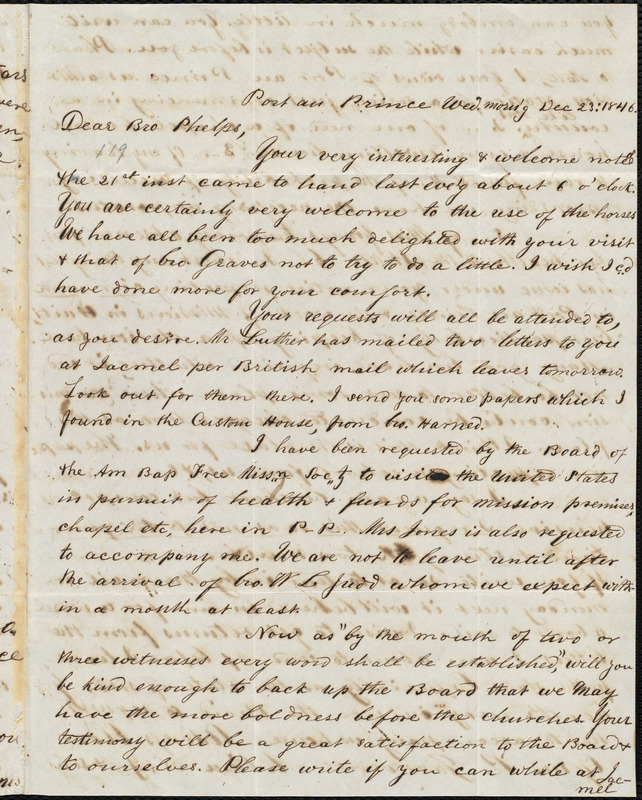 Letter from William M. Jones, Port au Prince, to Amos Augustus Phelps ...