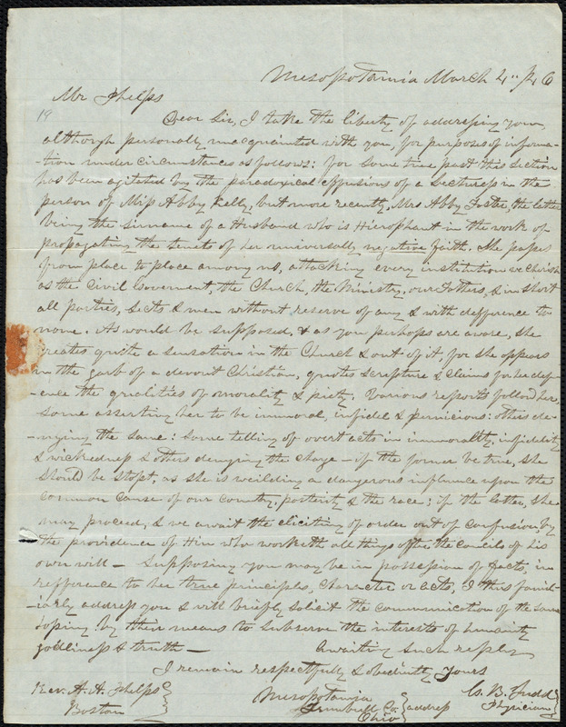Letter from C. B. Judd, Mesopotamia, to Amos Augustus Phelps, March 4 ...