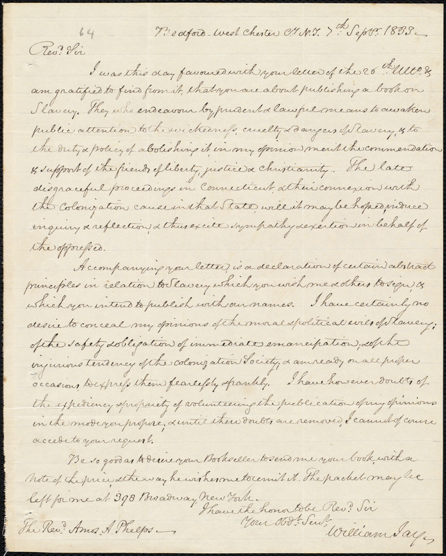 Letter from William Jay, Bedford, to Amos Augustus Phelps, 7th Septr. 1833 - Digital Commonwealth