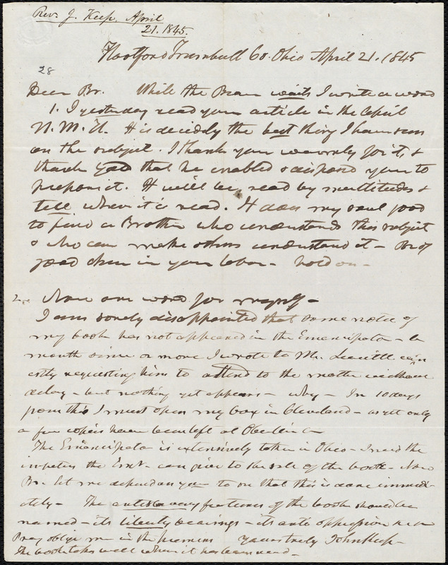 Letter from John Keep, Hartford, to Amos Augustus Phelps, April 21. 1845 - Digital Commonwealth