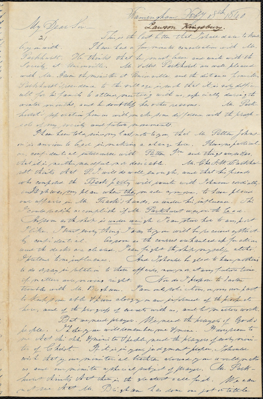 Letter from Lawson Kingsbury, Framingham, to Amos Augustus Phelps, Feby. 18th 1840 - Digital ...