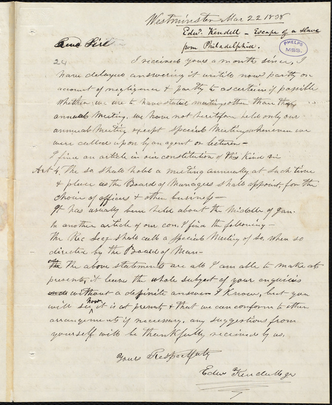 Letter from Edward Kendall Jr., Westminster, to Amos Augustus Phelps ...