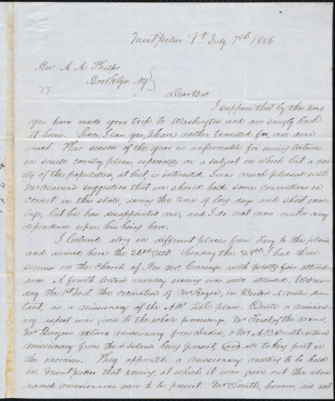 Letter from Thomas Lafon, Montipelier, to Amos Augustus Phelps, July 7th 1846 - Digital Commonwealth