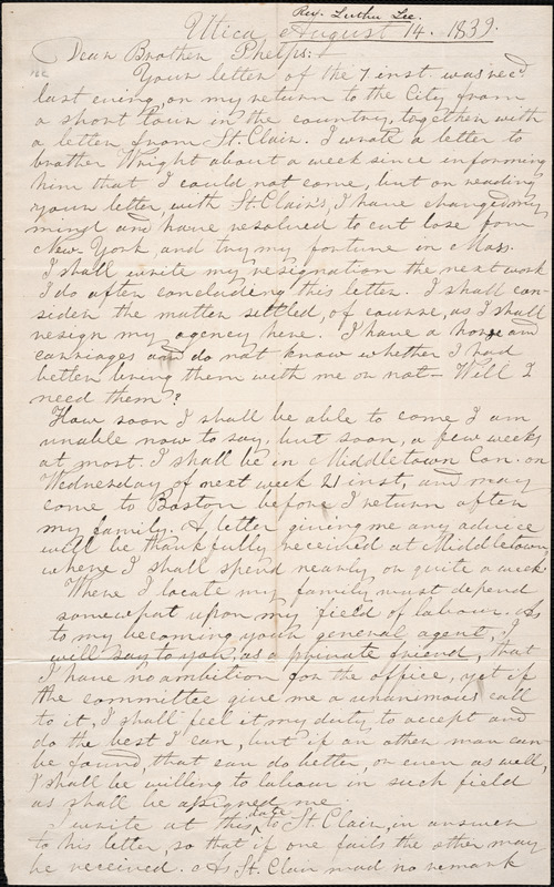Letter from Luther Lee, Utica, to Amos Augustus Phelps, August 14. 1839 - Digital Commonwealth