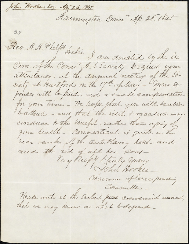 Letter from Connecticut Anti-Slavery Society, Farmington, to Amos Augustus Phelps, Ap. 26. 1845 ...