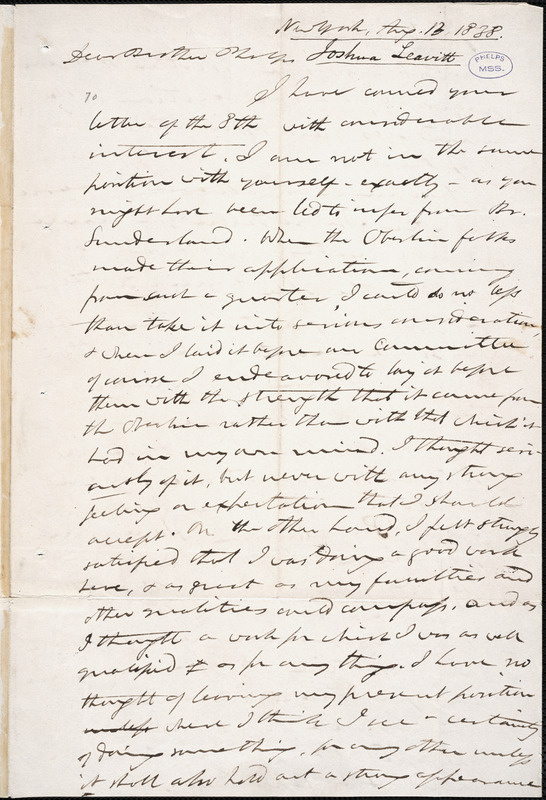 Letter from Joshua Leavitt, New York, to Amos Augustus Phelps, Aug. 13 1838 - Digital Commonwealth