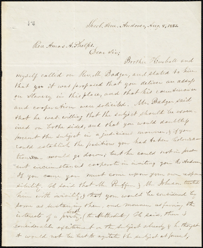 Letter from Lewis F. Laine, Andover, to Amos Augustus Phelps, Aug. 8, 1833 - Digital Commonwealth