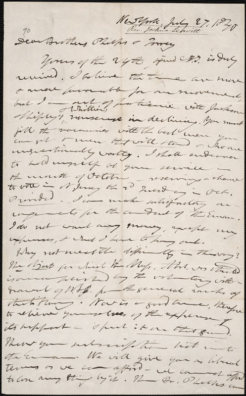 Letter from Joshua Leavitt, New York, to Amos Augustus Phelps and Charles Turner Torrey, July 27 ...