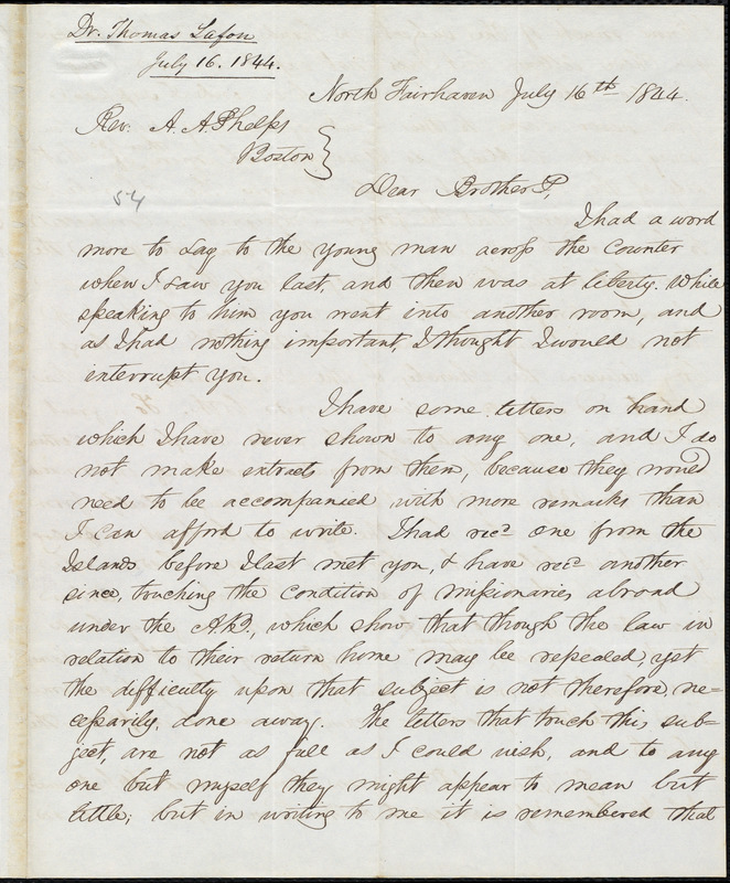 Letter from Thomas Lafon, North Fairhaven, to Amos Augustus Phelps, July 16th 1844 - Digital ...