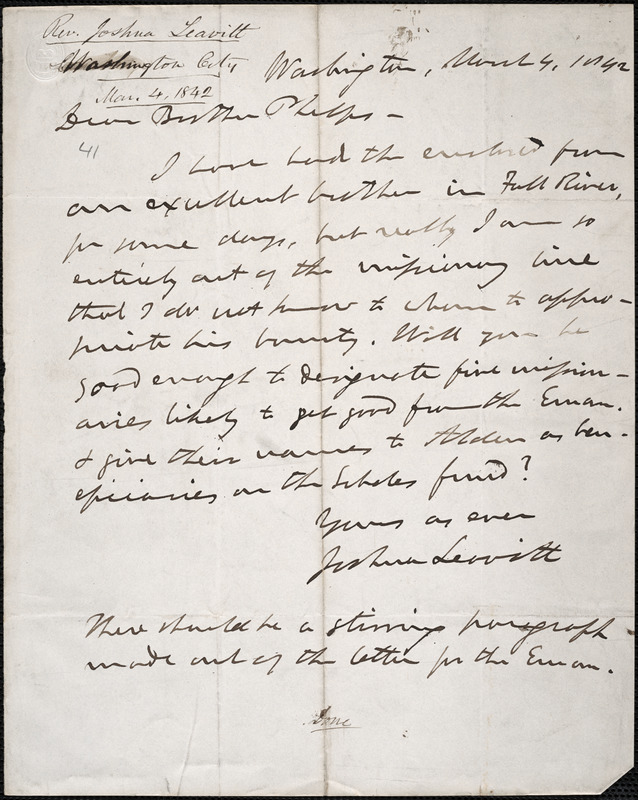 Letter from Joshua Leavitt, Washington, to Amos Augustus Phelps, March 4, 1842 - Digital ...