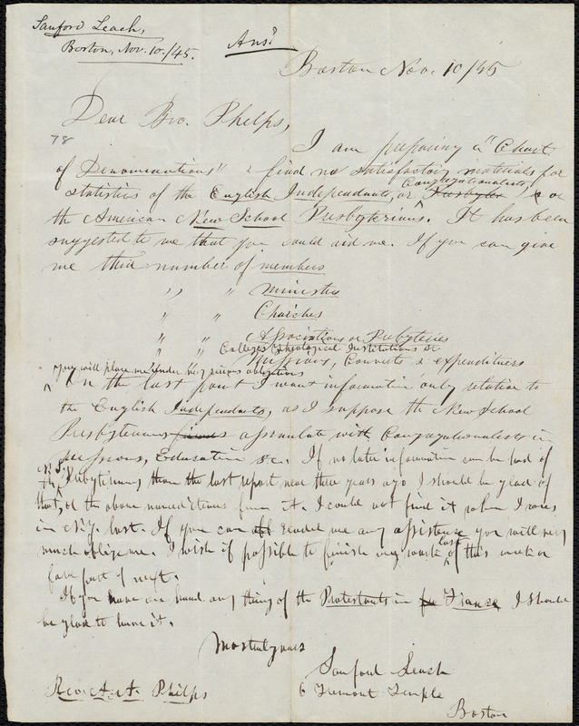 Letter from Sanford Leach, Boston, to Amos Augustus Phelps, Nov. 10 / ...