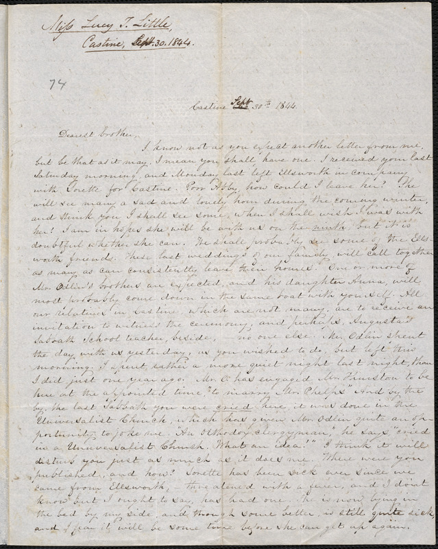 Letter from Lucy T. Little, Castine, to Amos Augustus Phelps, Sept. 30th 1844 - Digital Commonwealth