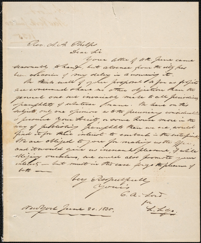 Letter from Charles Austin Lord, New York, to Amos Augustus Phelps, June 20. 1835 - Digital ...