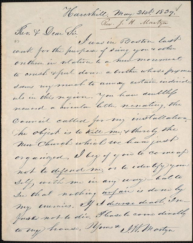 Letter from Job H. Martyn, Haverhill, to Amos Augustus Phelps, May 21st, 1839 - Digital Commonwealth