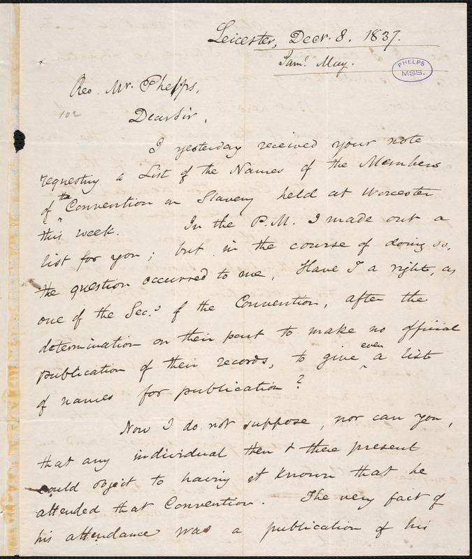 Letter from Samuel May, Jr., Leicester, to Amos Augustus Phelps ...