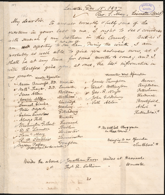 Letter from Samuel May, Jr., Leicester, to Amos Augustus Phelps, 1837 ...