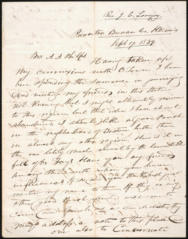 Letter from Joseph Cammet Lovejoy, Princeton, Illinois, to Amos Augustus Phelps, Sept. 17. 1839 ...