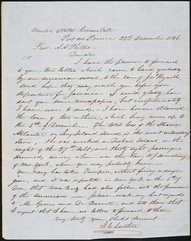 Letter from I. C. Luther, Port au Prince, to Amos Augustus Phelps, 22d December 1846 - Digital ...