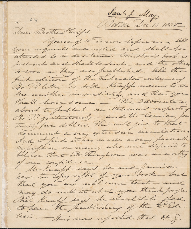 Letter from Samuel Joseph May, Boston, to Amos Augustus Phelps, Dec. 14. 1835 - Digital Commonwealth