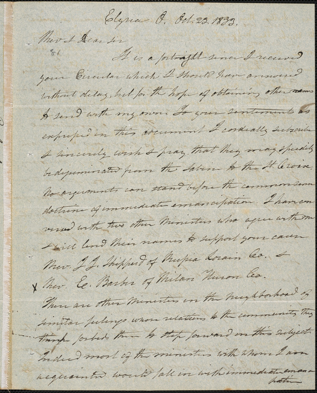 Letter from John Monteith, Elyria, to Amos Augustus Phelps, 1833 October 23 - Digital Commonwealth